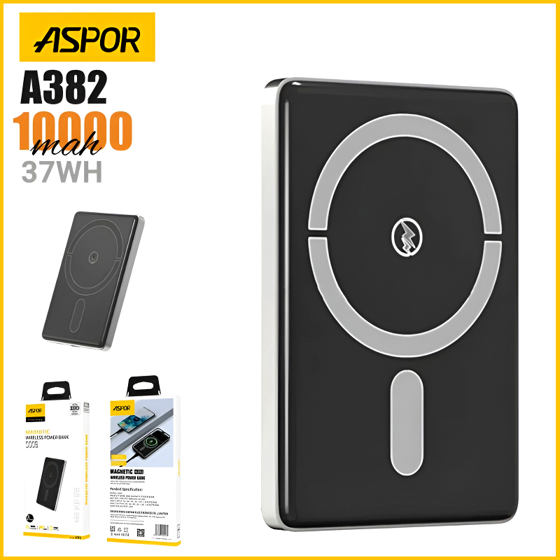 ASPOR A382 Mini Portable 10,000mAh Magnetic Wireless Fast-Charging Power Bank - AllYours.pk